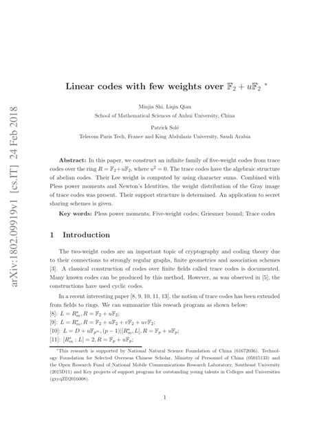 Pdf Linear Codes With Few Weights Over Mathbb F 2umathbb F 2