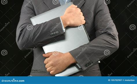 Man In Business Suit Holding Laptop Computer Tight Personal Data Security Stock Image Image