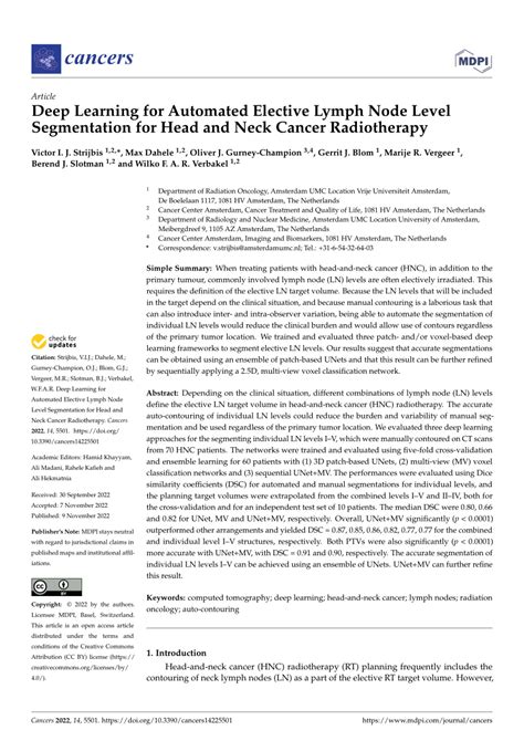 PDF Deep Learning For Automated Elective Lymph Node Level Segmentation For Head And Neck