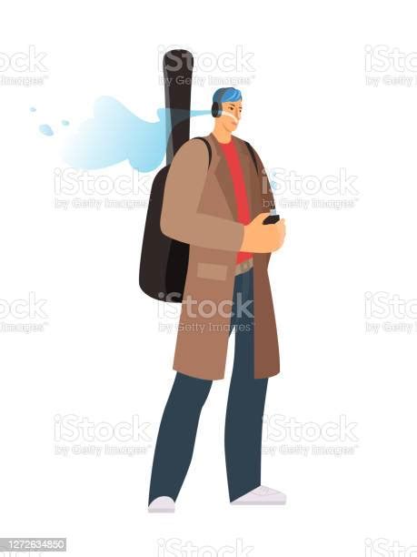 뮤지션 남자는 Vape를 연기 힙스터 남자 흡연 Vaper 흰색 배경의 벡터 그림입니다 기타 가방에 대한 스톡 벡터 아트 및 기타 이미지 Istock
