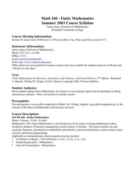 Math 160 Finite Mathematics Summer 2003 Course Syllabus