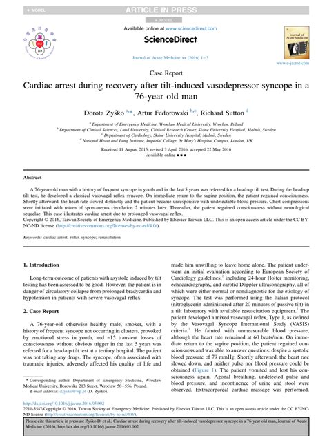 Pdf Cardiac Arrest During Recovery After Tilt Induced Vasodepressor Syncope In A 76 Year Old Man