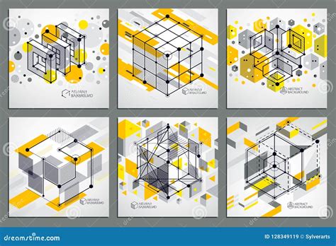 Isometric Abstract Yellow Backgrounds Set With Linear Dimensional Cube Shapes Vector 3d Mesh