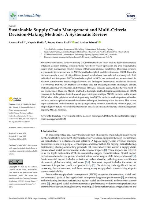 Pdf Sustainable Supply Chain Management And Multi Criteria Decision Making Methods A