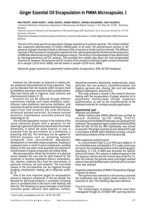 Pdf Ginger Essential Oil Encapsulation In Pmma Microcapsules I