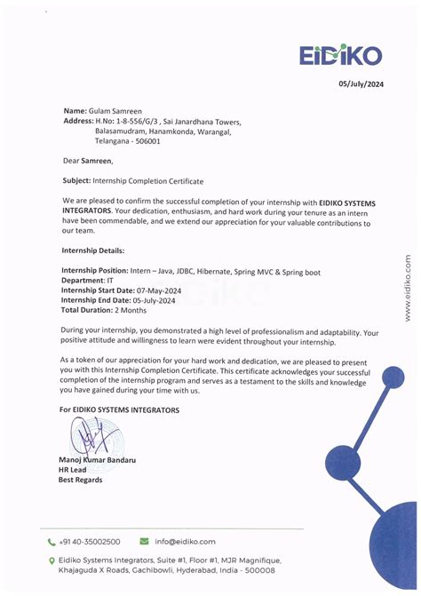 Samreen Gulam On Linkedin Internship Java Jdbc Hibernate Springboot Techexperience