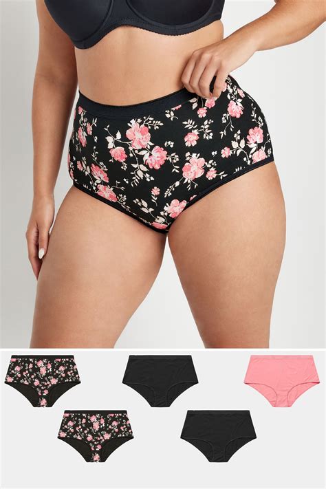 Yours 5 Pack Plus Size Black And Pink Floral Print Full Briefs Yours