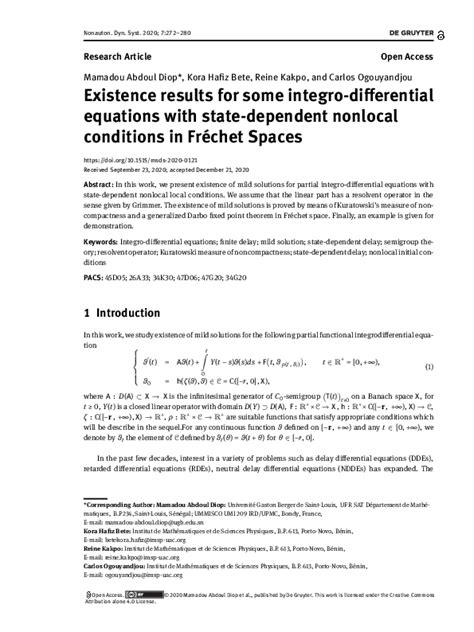 Pdf Existence Results For Some Integro Differential Equations With State Dependent Nonlocal
