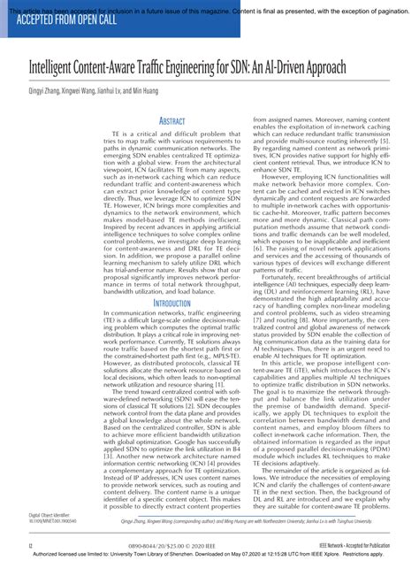 Pdf Intelligent Content Aware Traffic Engineering For Sdn An Ai