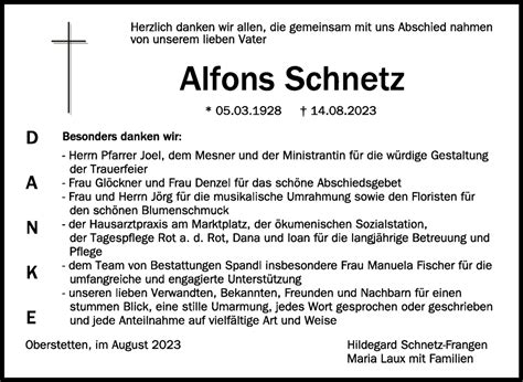 Traueranzeigen Von Alfons Schnetz Schwaebische De Trauerportal