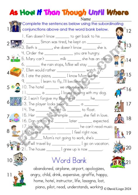 Subordinating Conjunctions Worksheet And Key Esl Worksheet By David Lisgo