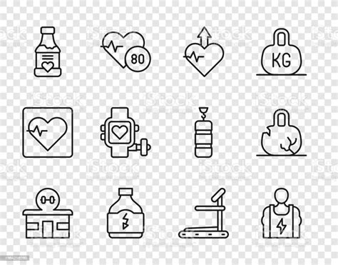 세트 라인 체육관 건물 보디 빌더 하트 비트 증가 스포츠 영양 비타민 심장스마트 시계 러닝 머신 과 깨진 무게 아이콘 벡터 건강 진단에 대한 스톡 벡터 아트 및 기타 이미지