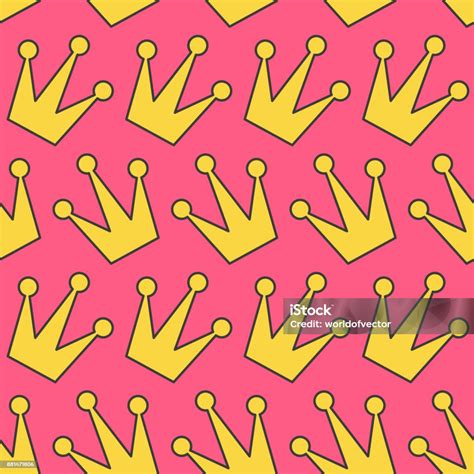 황금 노란색 윤곽선 왕관 아이콘입니다 킹 퀸 공주 액세서리입니다 원활한 패턴 포장 종이 섬유 서식 파일입니다 핑크 배경입니다 평면 디자인입니다 고급에 대한 스톡 벡터 아트