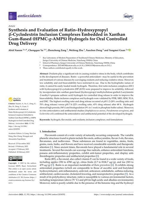 Pdf Synthesis And Evaluation Of Rutinhydroxypropyl β Cyclodextrin
