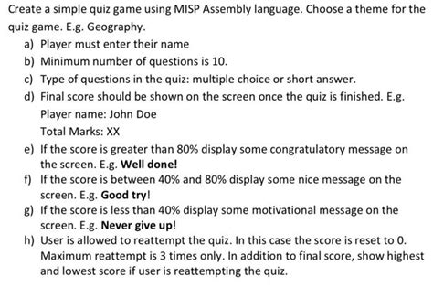 Solved Create A Simple Quiz Game Using MISP Assembly Chegg Com