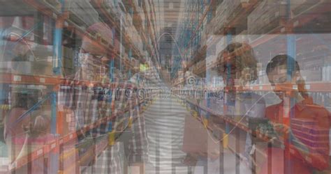 Image Of Financial Data Processing Over Diverse Business People Using Laptop And Warehouse Stock