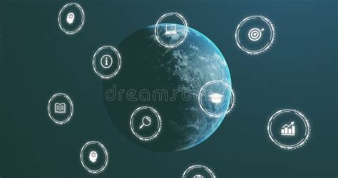 animation of icon in circles over rotating globe over abstract