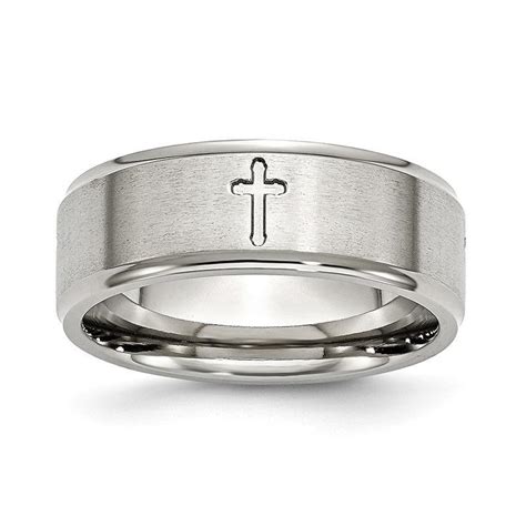 Stainless Steel Ridged Edge Cross 8mm Brushed And Polished Band Sgg