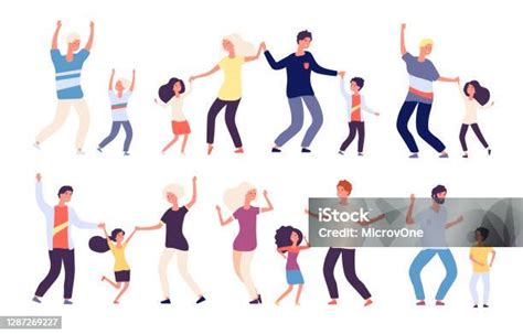 아이들과 함께 춤을 추는 부모 행복한 아이 아빠와 엄마 댄스 가족 여자 남자 어린이 댄서 격리 된 벡터 만화 문자 가족에 대한