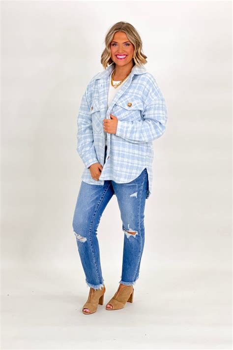 Light Blue Plaid Button Down Shacket Lavishboutiqueclothing