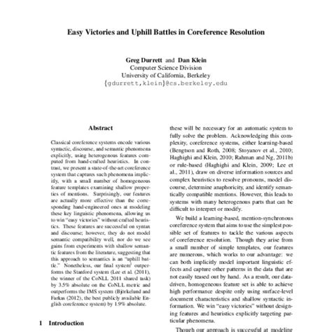 Easy Victories And Uphill Battles In Coreference Resolution Acl Anthology