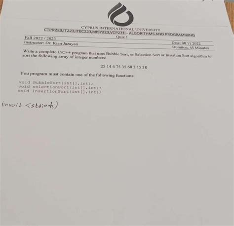 Solved Write A Complete C C Program That Uses Bubble Sort Chegg