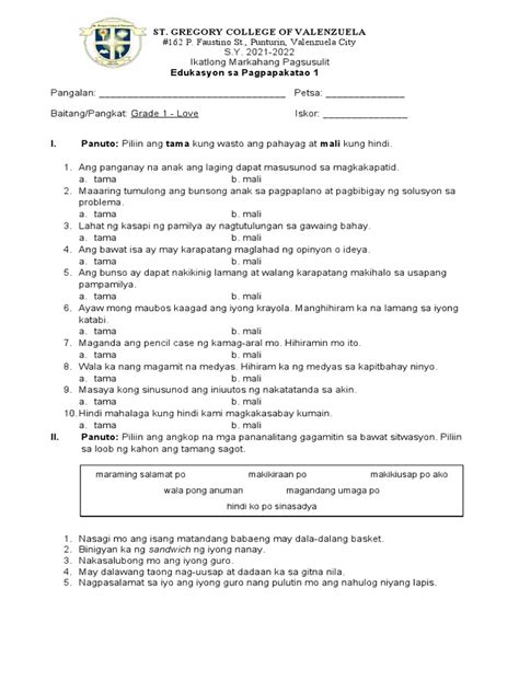 Grade 1 Exam Esp Pdf