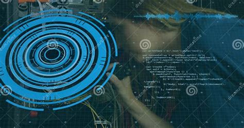 image of scope scanning and data processing over woman checking cables