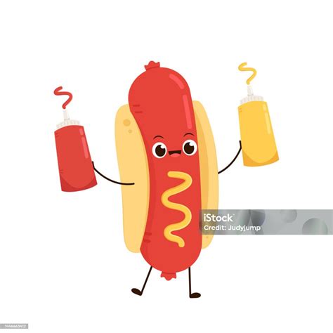 핫도그 캐릭터 캐릭터 디자인 겨자와 토마토 소스 병 벡터입니다 개체 그룹에 대한 스톡 벡터 아트 및 기타 이미지 개체 그룹