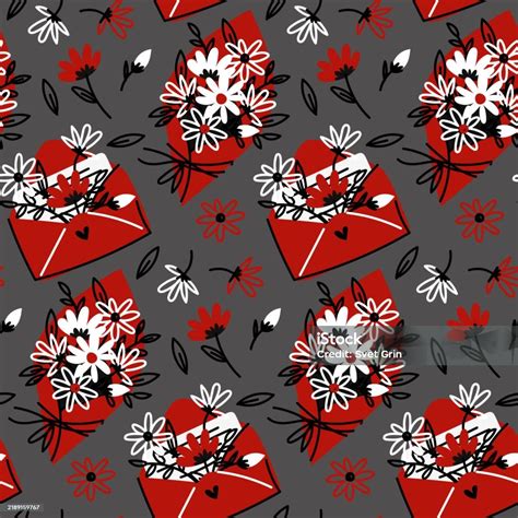 빨간 패키지에 꽃이 있는 납작한 꽃다발 패턴 흰색과 빨간색 데이지의 꽃다발이 낙서되어 있습니다 벡터 절연 봉투 종이 발렌타인 데이 생일 어머니의 날을 위한 선물 포장 그레이