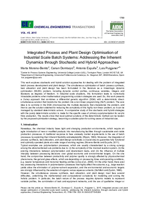 Pdf Integrated Process And Plant Design Optimisation Of Industrial Scale Batch Systems
