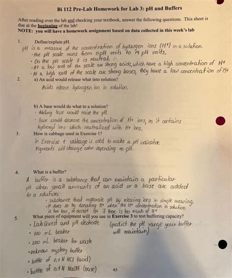 Bi 112 Pre Lab Homework For Lab 3 Ph And Buffers