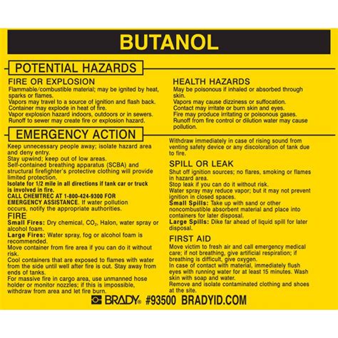 Butanol Labels Brady Part 93500 Brady