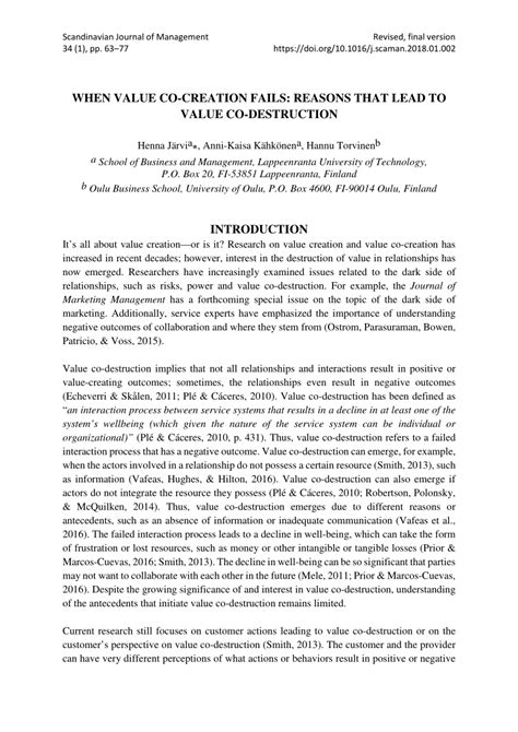 Pdf When Value Co Creation Fails Reasons That Lead To Value Co