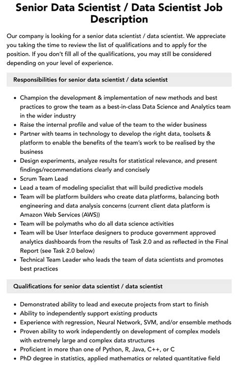 Senior Data Scientist Data Scientist Job Description Velvet Jobs