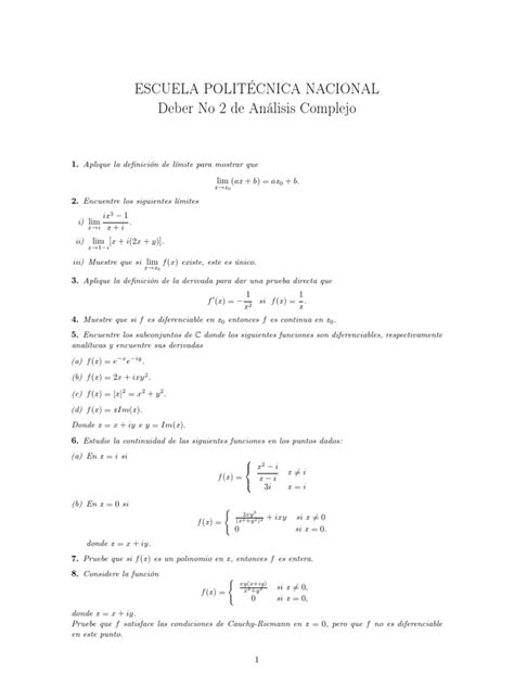 Deber No 2 Análisis Complejo 2023a Pdf Análisis Matemático