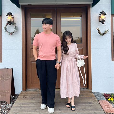 프롬바이 커플강추벚꽃룩 핀턱 리본 라운드 밴딩 롱 원피스 반팔 니트 핑크