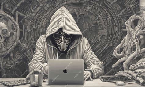 Premium Vector Hacker In A Black Suit With Laptop On The Table Cyber Attack Hacking And