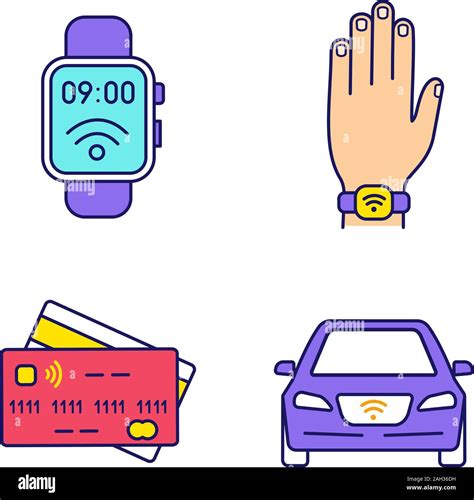Nfc Technology Color Icons Set Near Field Smartwatch Bracelet Credit