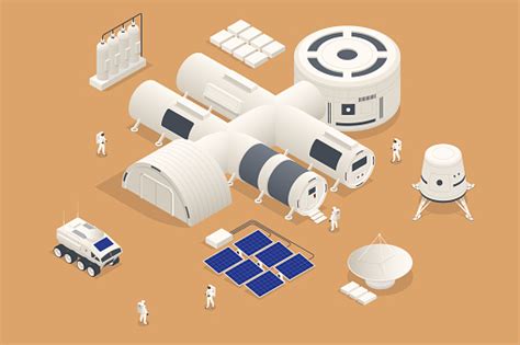 등각 투영 화성 식민지 생물 학적 테라포밍 파라테라포밍 화성에 인간 적응 우주 비행 우주 기술 주거구 기본 인프라를 갖춘 커뮤니케이션 센터 등측투영법에 대한 스톡 벡터 아트