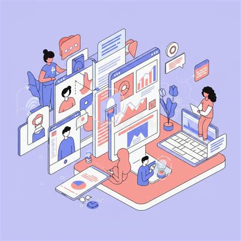 Isometric Digital Illustration Shows People Interacting With Large Screens And Devices Stock