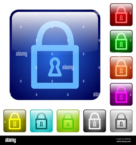 Set Of Locked Padlock Color Glass Rounded Square Buttons Stock Vector