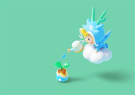 유토이미지 복주머니 앞 잠자리채로 별똥별을 잡는 3d 청룡 캐릭터