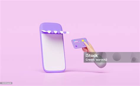 휴대폰과 함께 신용카드를 사용하는 3d 손 보라색 스마트폰 매장 앞 분홍색 배경에 분리된 종이 봉지 온라인 쇼핑 결제 거래 온라인 쇼핑 개념 3d 렌더링 3차원 형태에 대한