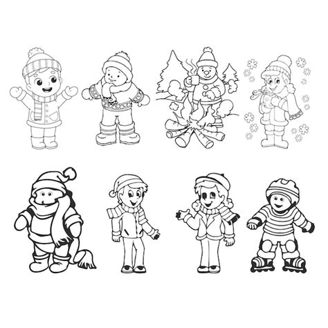 겨울 인간의 아이 세트 색칠 공부클립 아트 프리미엄 벡터