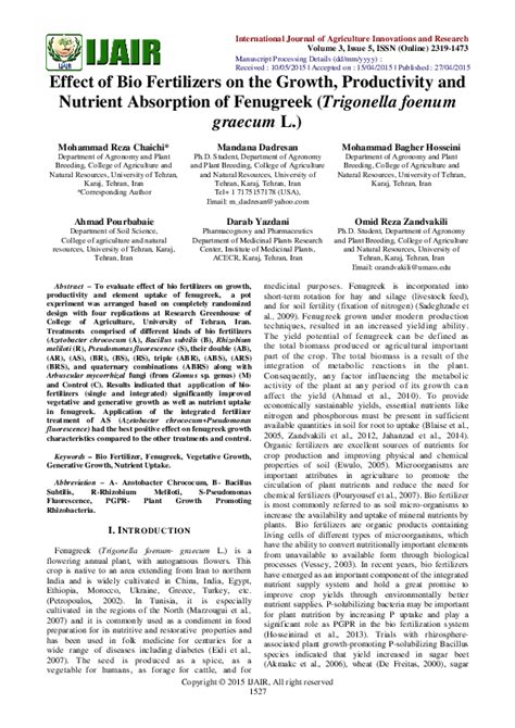 (PDF) Effect of Bio Fertilizers on the Growth, Productivity and Nutrient Absorption of Fenugreek ...