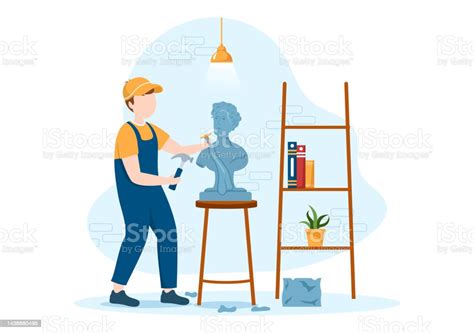 조각가는 작품을 만들기 위해 조각을 조각하고 있으며 평평한 만화 손으로 그린 템플릿 일러스트레이션에 박물관에 전시됩니다 고대의에