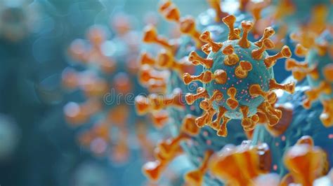 Microscopic View Of Measles Virus Particles Showcasing Unique Structure And Vibrant Colors Stock