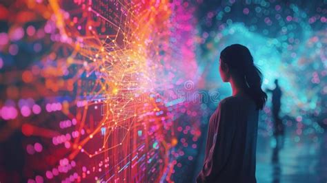 A Woman Explores A Complex Data Visualization Interface Touching A