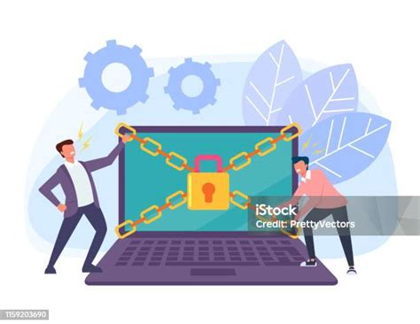 개인 정보 보호 노트북 Pc 개인 데이터 정보를 해킹하려고 해커 남자 문자 데이터 보호 온라인 로그인 암호 개념입니다 벡터 플랫